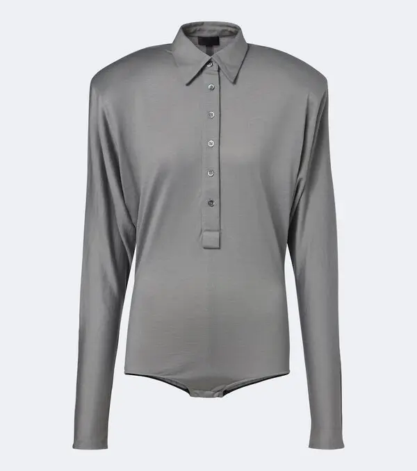 MUGLER Wool-blend Jersey Polo Bodysuit - Grey