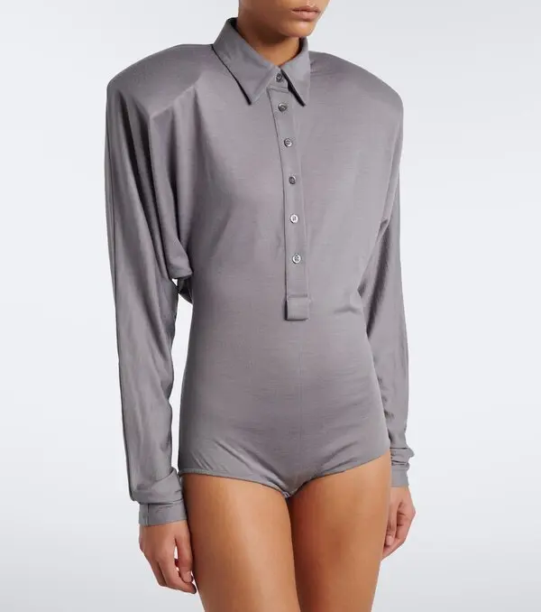 MUGLER Wool-blend Jersey Polo Bodysuit - Grey