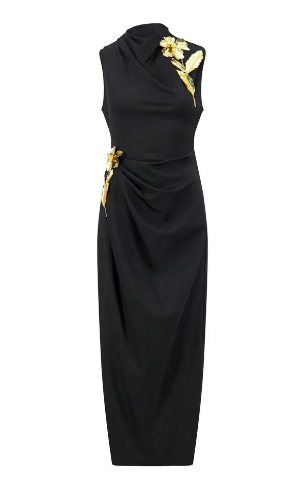 Lela Rose 3d Metallic Embroidered Satin Jersey Column Dress