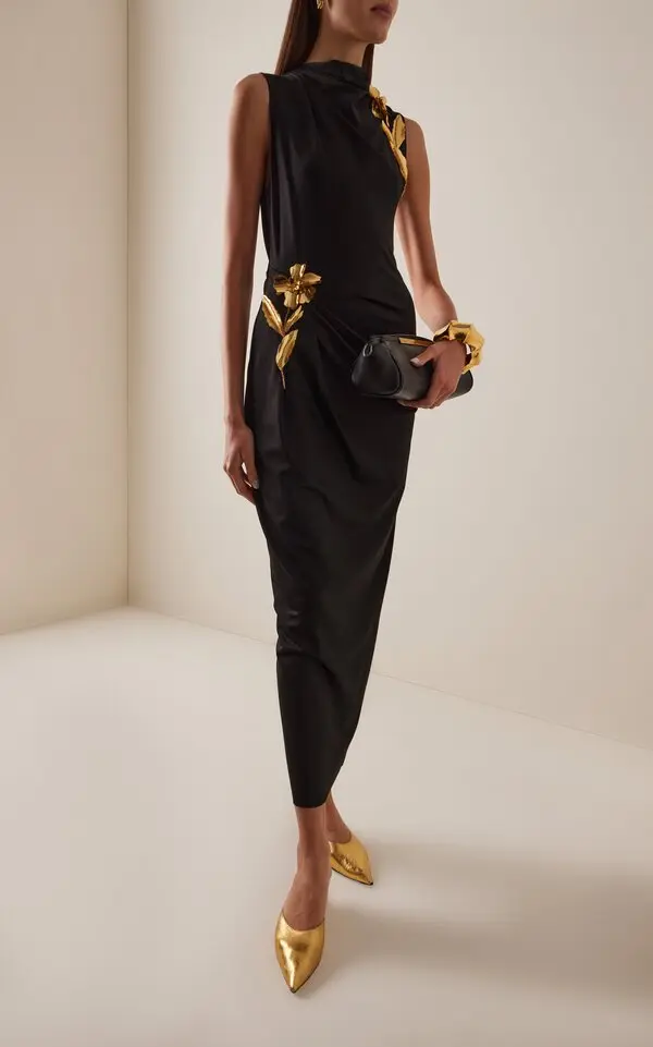 Lela Rose 3d Metallic Embroidered Satin Jersey Column Dress