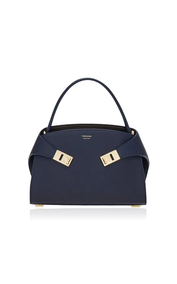 FERRAGAMO Hug Soft Two-tone Calfskin Leather Top Handle Bag - Navy