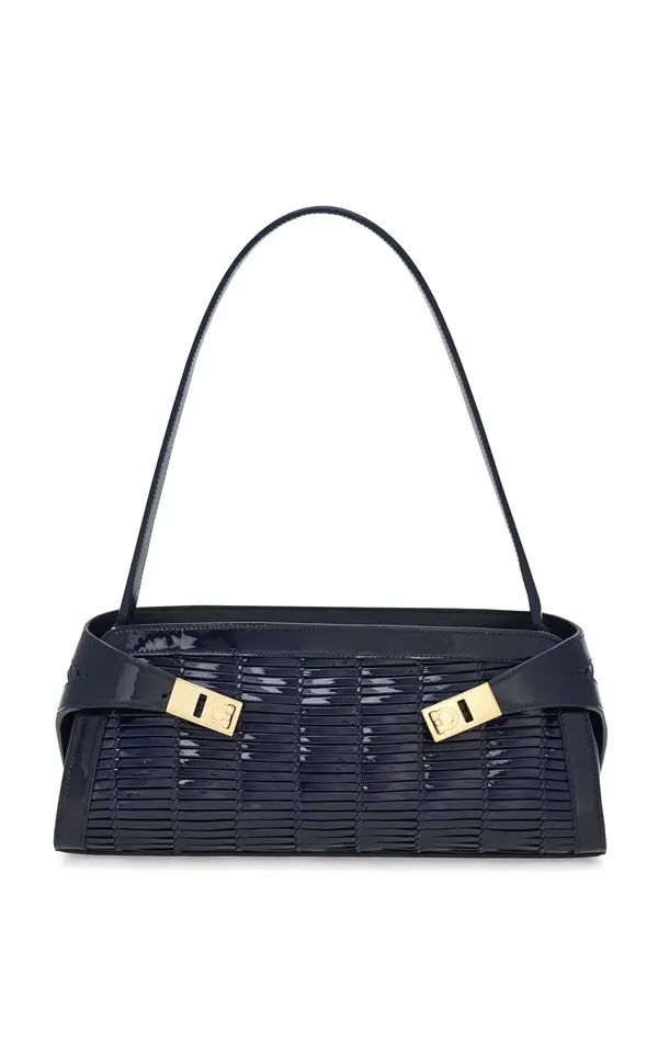FERRAGAMO East-west Hug Woven Calf Leather Shoulder Bag - Navy