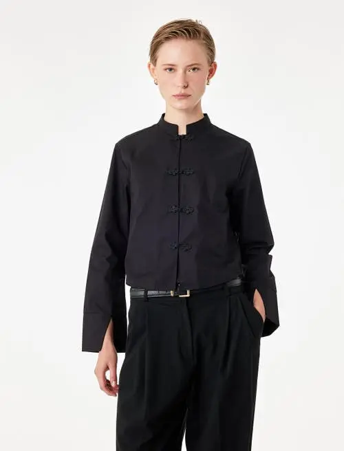Koton Mandarin Collar Long Sleeve Poplin Shirt With Frog Closure