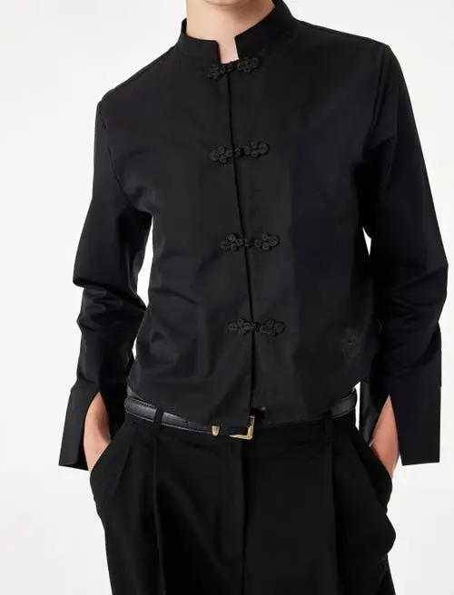 Koton Mandarin Collar Long Sleeve Poplin Shirt With Frog Closure