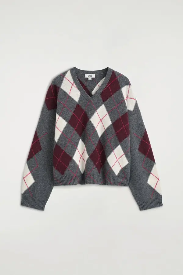Cos Argyle Wool-alpaca V-neck Sweater - Gray