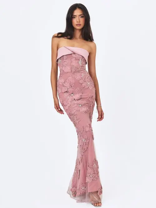 MISS CIRCLE NEW YORK Raphaela Flower Beaded Strapless Mermaid Dress