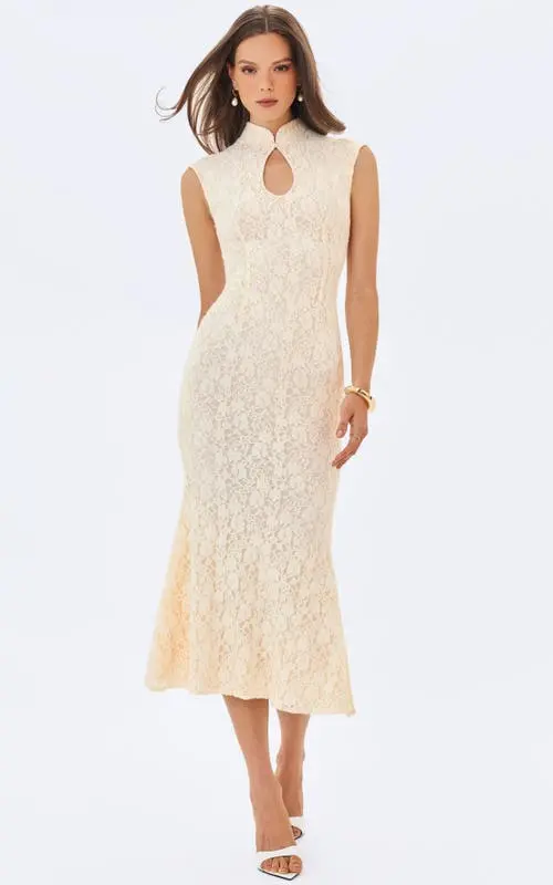MISS CIRCLE NEW YORK Garcelle Brushed Lace Keyhole Mermaid Midi Dress
