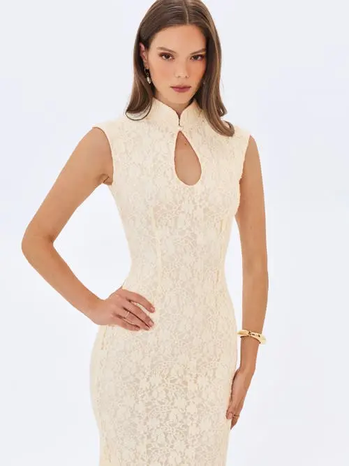 MISS CIRCLE NEW YORK Garcelle Brushed Lace Keyhole Mermaid Midi Dress