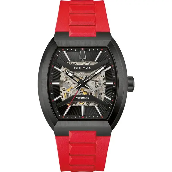 Bulova Maquina Skeleton Automatic Bracelet Watch - Red