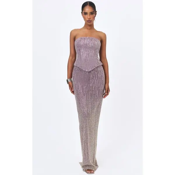 MISS CIRCLE NEW YORK Tosca Crystal Beaded Corset Strapless Peplum Dress - Purple