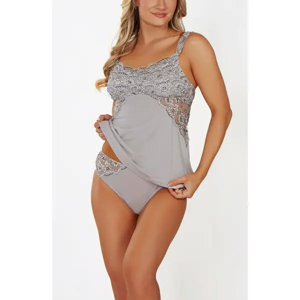 ICOLLECTION Lace Overlay Modal Cami And Brief Set - Gray