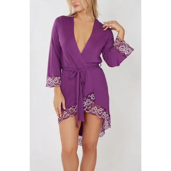 ICOLLECTION Premium Modal High-low Robe With Scalloped Lace - Plum