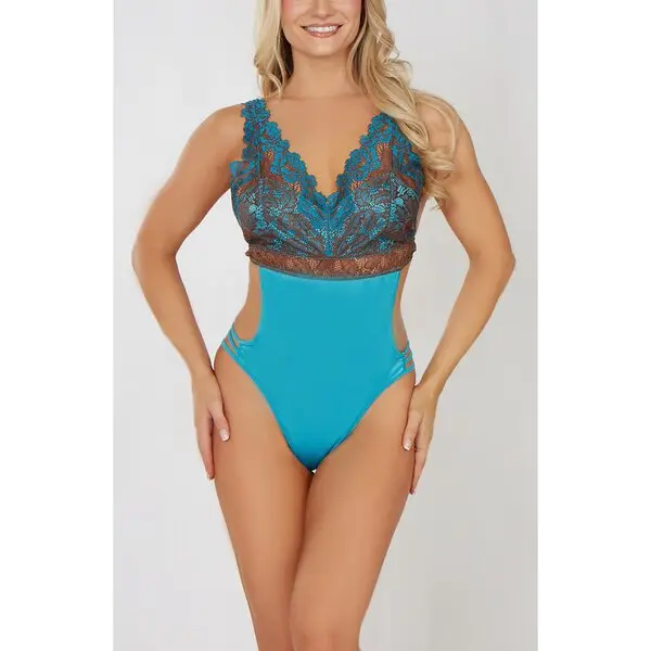 ICOLLECTION Lace Bodice Cutout Stretch Satin Teddy - Capri