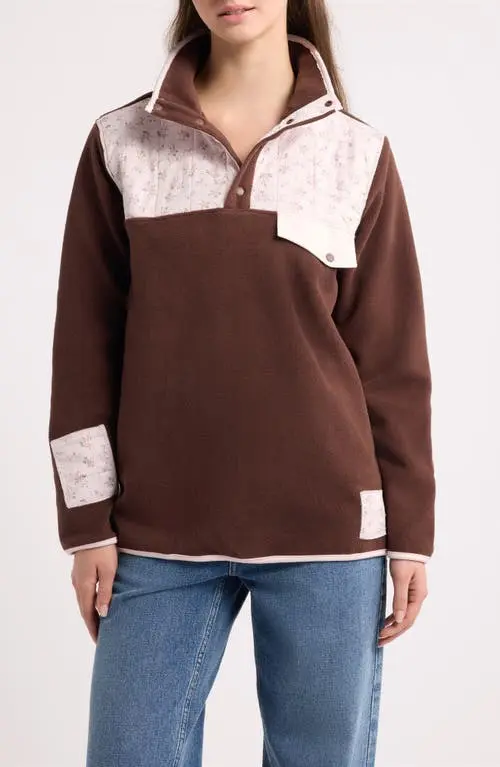 HAPPY CAMP3R Quilted Floral Fleece Henley Pullover - Espresso