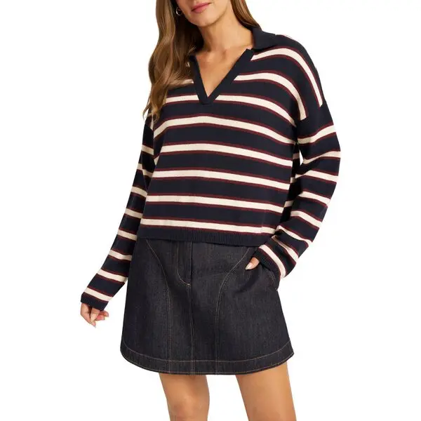 Matty M. Brey Striped Henley Sweater - Navy/wine