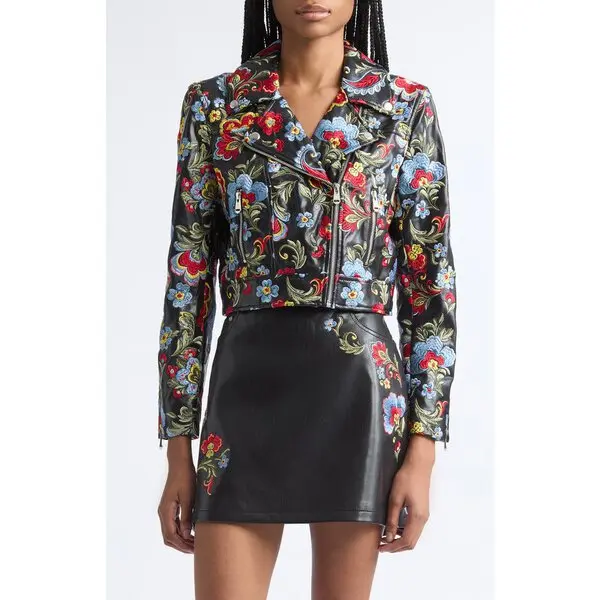 Cinq À Sept Floral Embroidered Faux Leather Moto Jacket - Black Multi