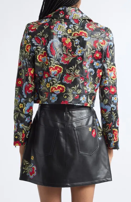 Cinq À Sept Floral Embroidered Faux Leather Moto Jacket
