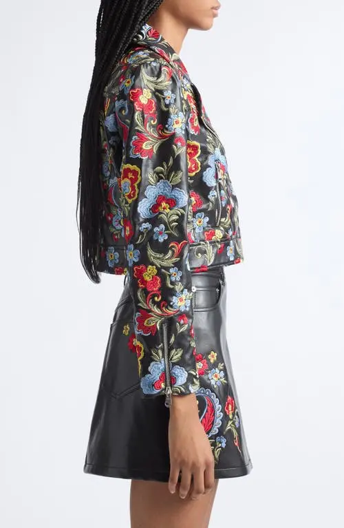 Cinq À Sept Floral Embroidered Faux Leather Moto Jacket