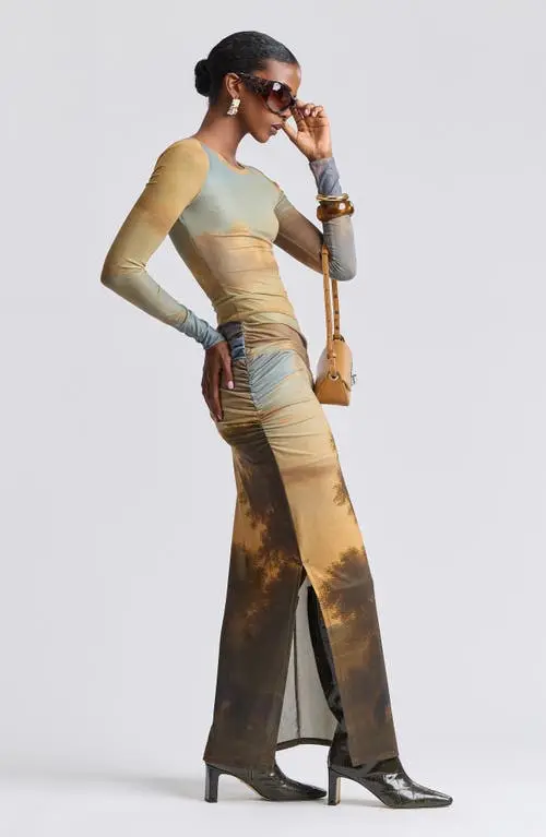 Avec Les Filles Landscape Print Mesh Midi Dress