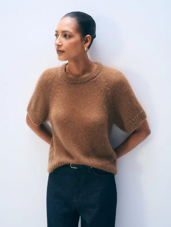 WHITE & WARREN Mohair Blend Tee Top In Size - Brown