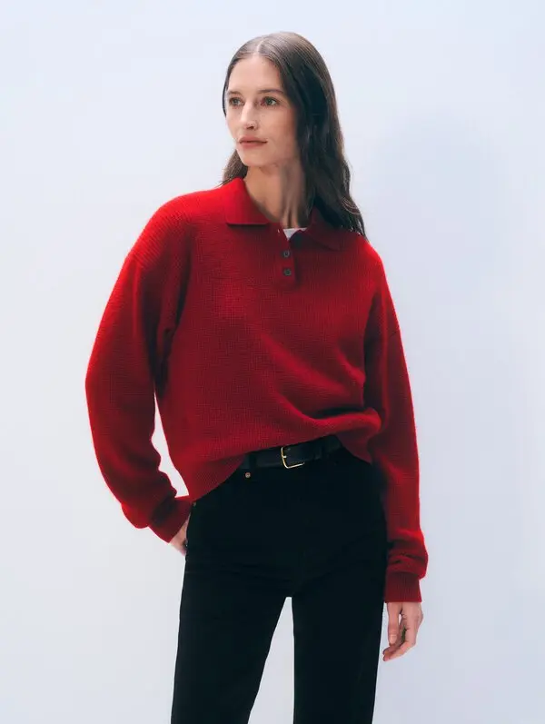 WHITE & WARREN Cashmere Waffle Polo Sweater In Size