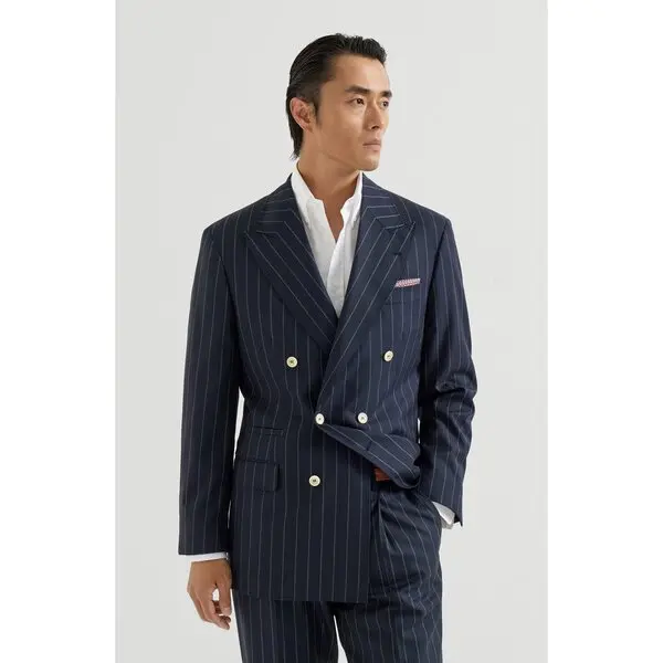 Brunello Cucinelli Super 150s Virgin Wool Wide Chalk Stripe Batavia One-and-a-half Breasted Tailor Blazer