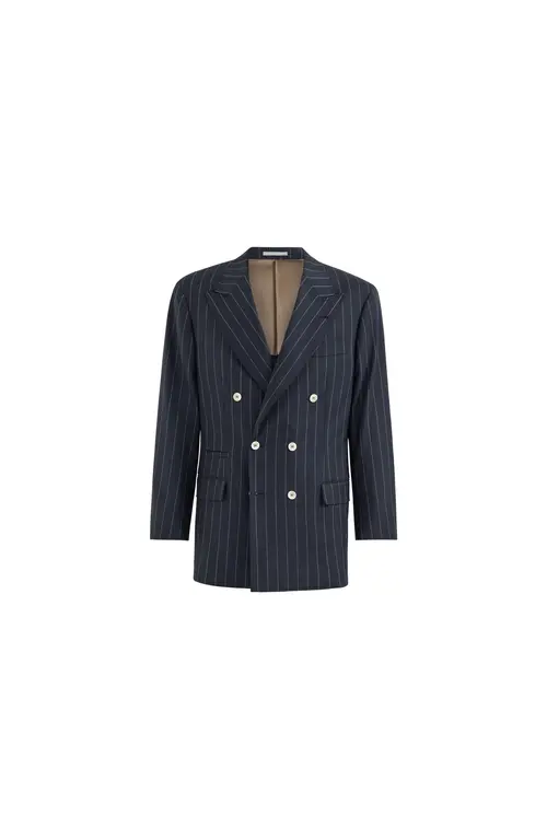 Brunello Cucinelli Super 150s Virgin Wool Wide Chalk Stripe Batavia One-and-a-half Breasted Tailor Blazer
