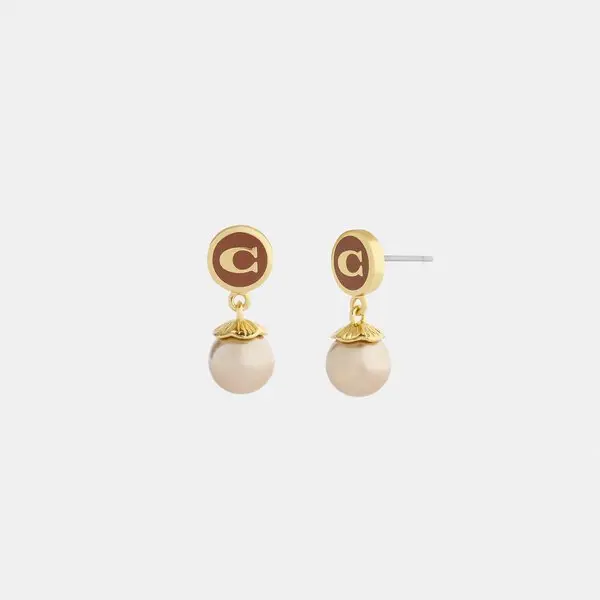 COACH OUTLET Signature Enamel Coin Pearl Drop Earrings - Gold/brown