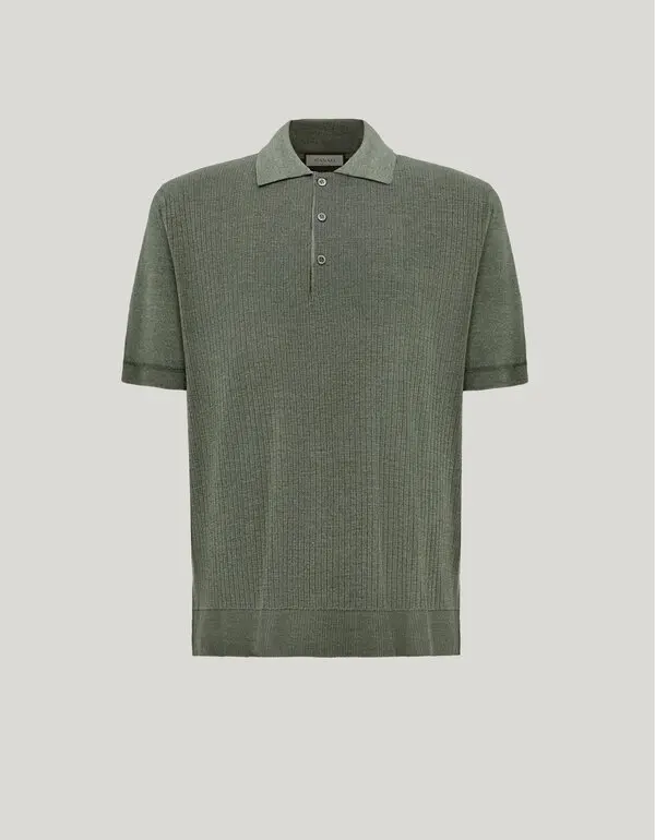 Canali Olive Wool And Silk Flat-rib Polo Shirt
