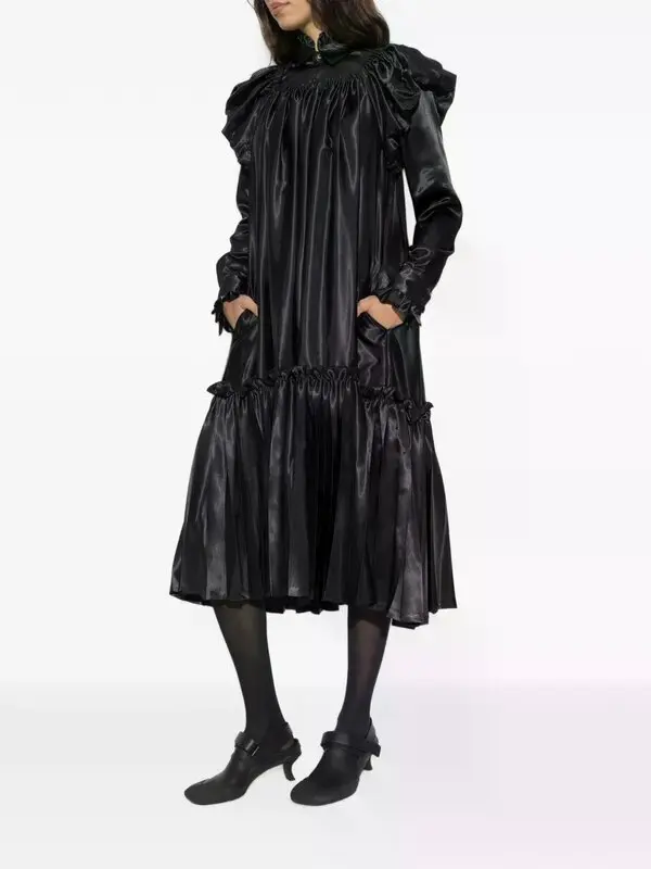 Noir Kei Ninomiya Puff-sleeve Pleated Satin Midi Dress - Black