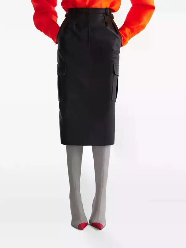 MUGLER Black Leather Cargo Skirt