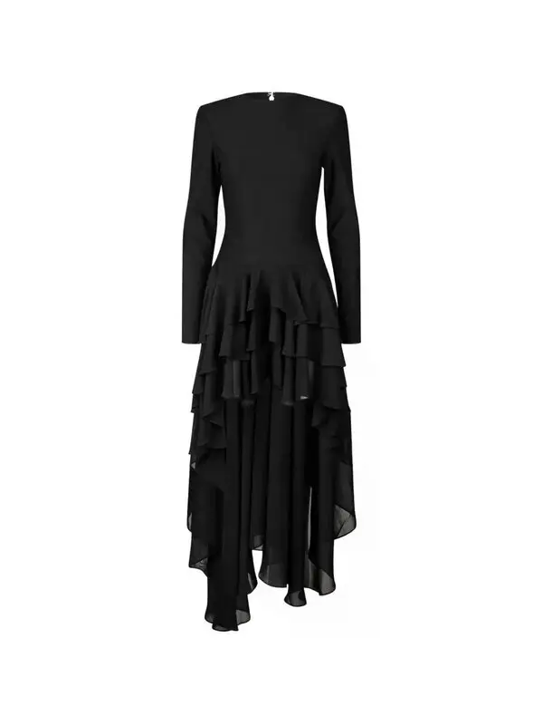 ROTATE BY BIRGER CHRISTENSEN Long-sleeve Ruffle Train Asymmetric Dress - Black