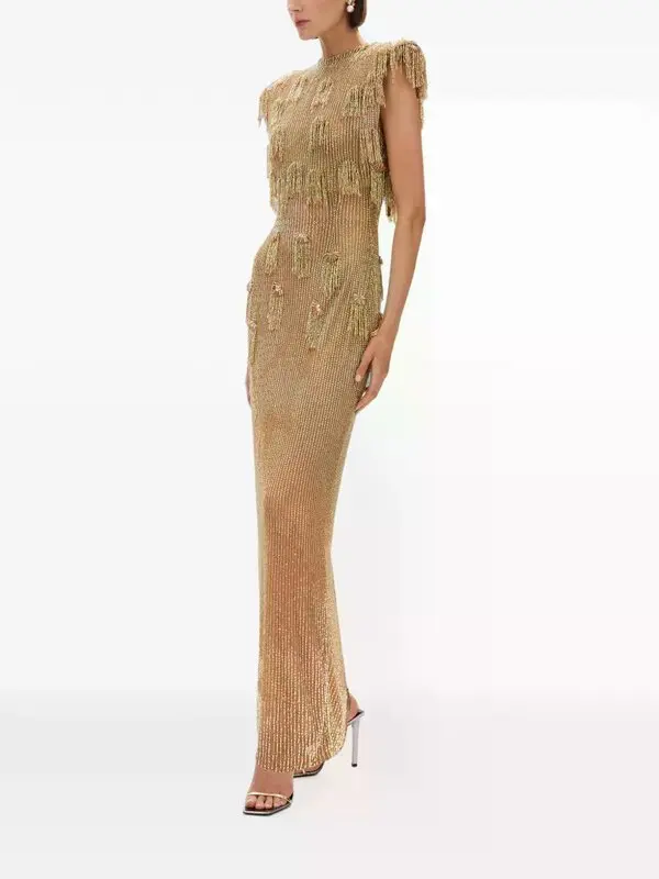 Rachel Gilbert Lani Beaded Fringe Maxi Dress