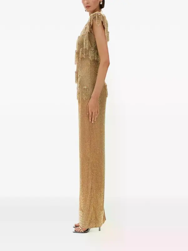 Rachel Gilbert Lani Beaded Fringe Maxi Dress