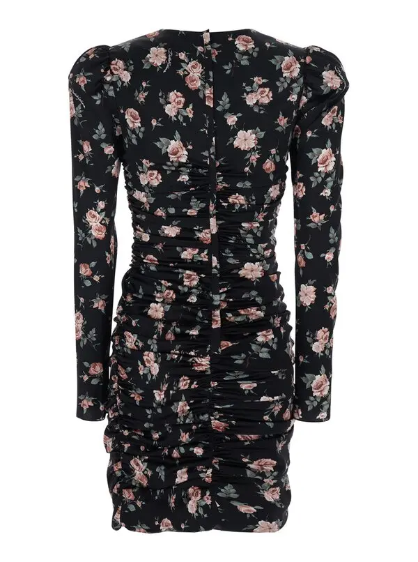 Dolce & Gabbana Black Dress With Floral Print And Side Draping In Silk For - Multicolor