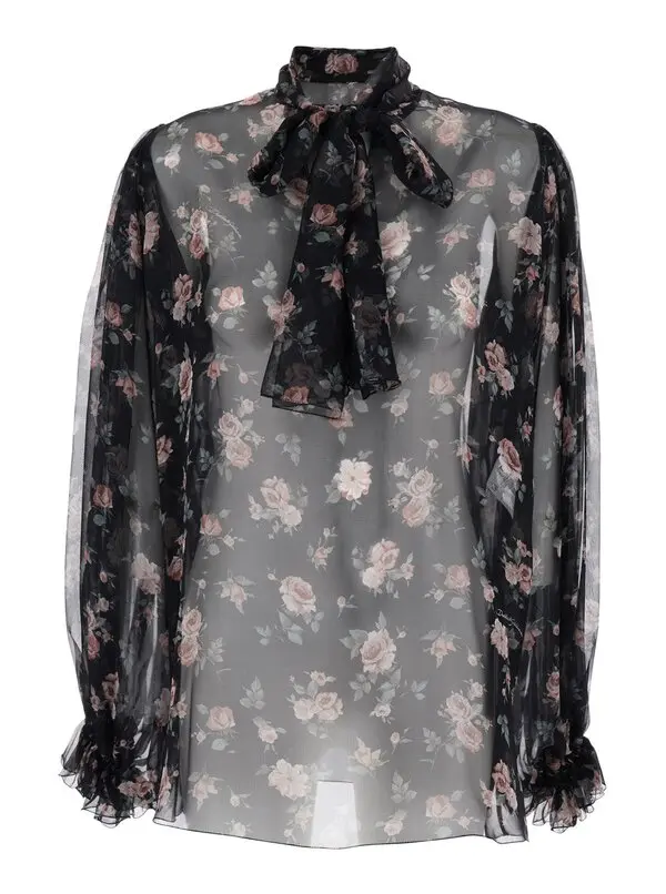 Dolce & Gabbana Black Floral Print Blouse With Front Knot In Chiffon For - Multicolor