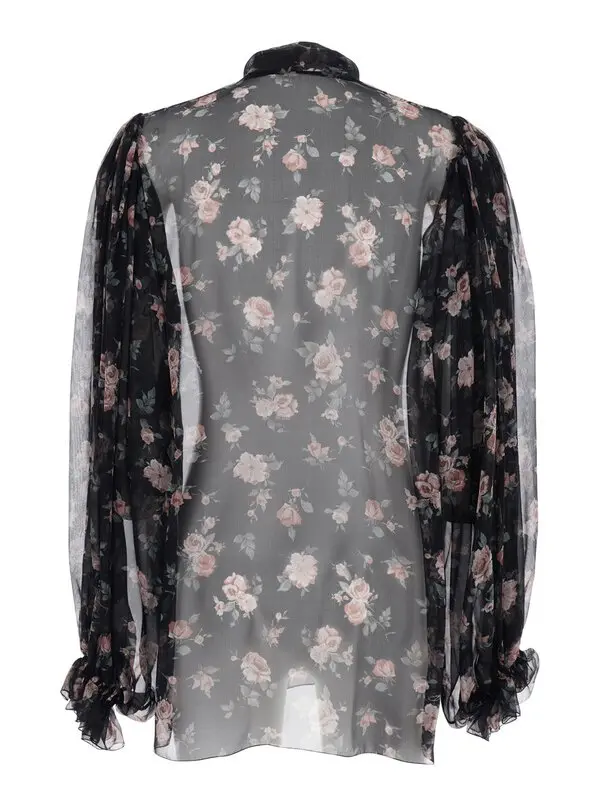 Dolce & Gabbana Black Floral Print Blouse With Front Knot In Chiffon For