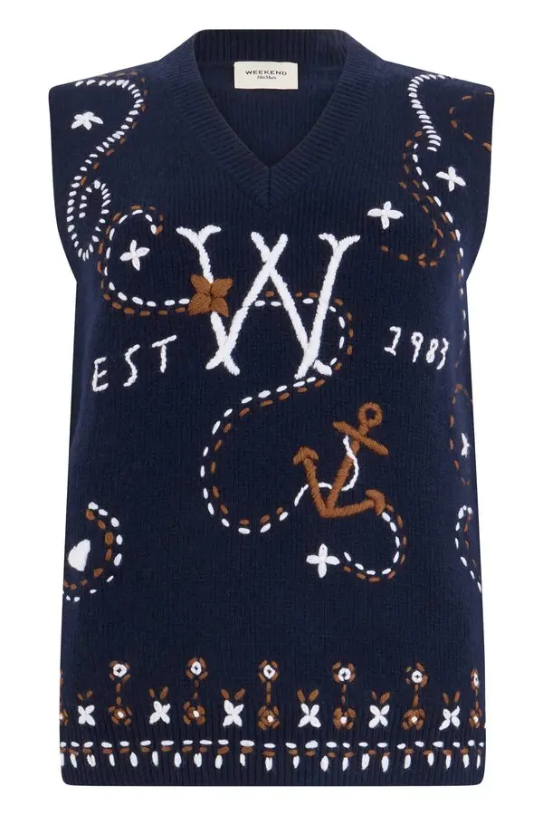 Max Mara Sleeveless Wool Sweater With Lettered Symbol Pattern - Blue