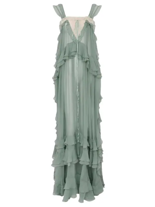 Chloé Long Organic Silk Dress With Layered Ruffles And V-neck Lace Inserts