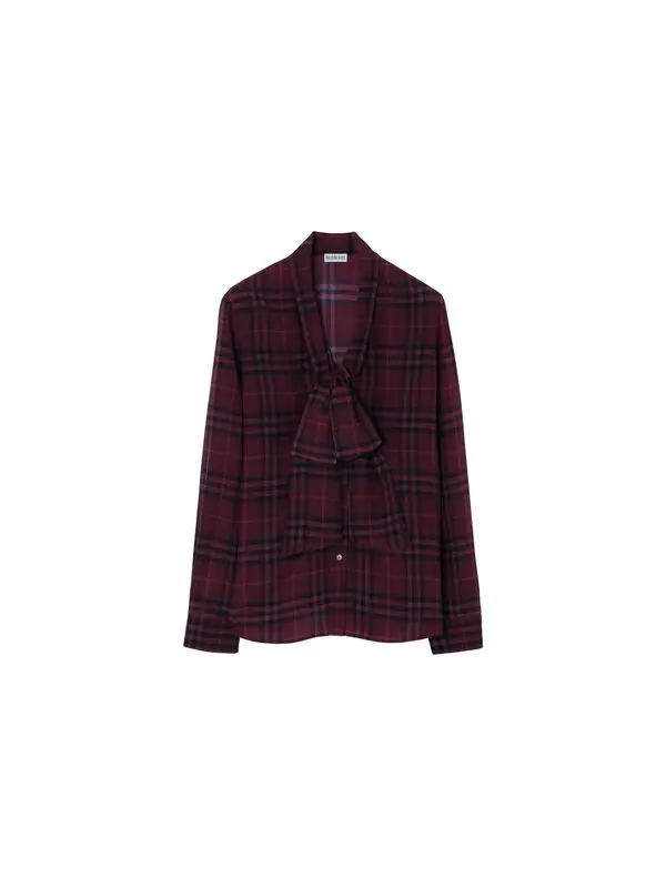 Burberry Rhiannon Silk Shirt With Check Print And Soft Bow Scarf - Violet