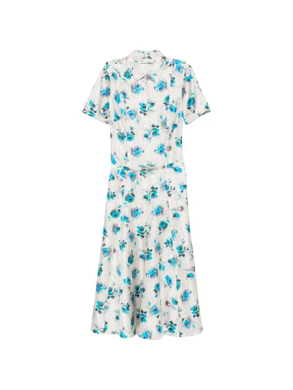 Tory Burch Floral Print Shirt Dress With Classic Collar, Belted Waist & Button Front