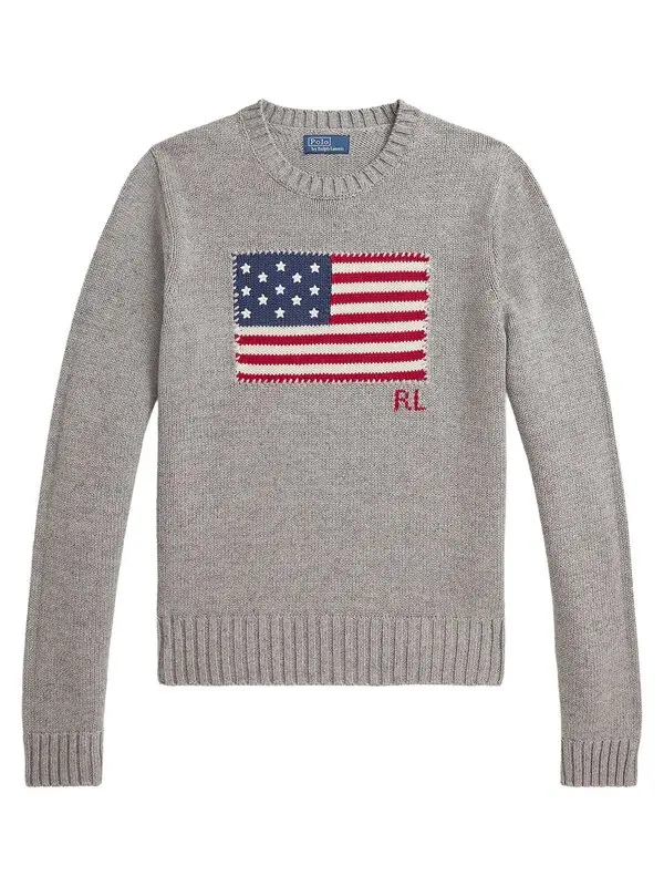 Ralph Lauren Ribbed Crewneck Flag Motif Sweater In Cotton & Wool For - Grey