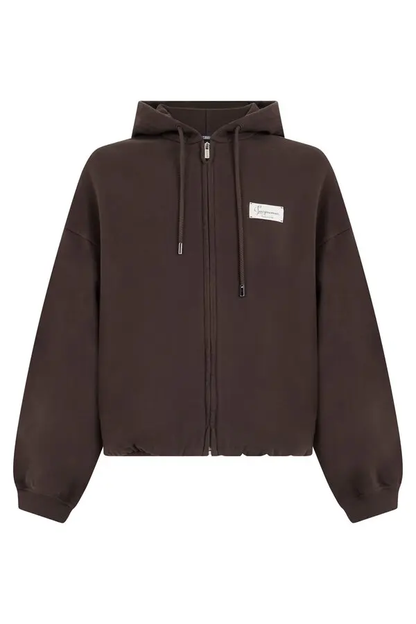 Jacquemus Zip-front Hoodie With Lined Hood And Chest Logo - Brown