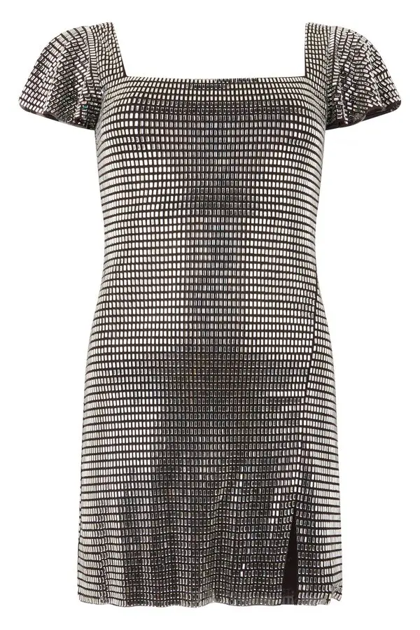 SELF-PORTRAIT Square-neck Rhinestone Tulle Mini Dress With Puff Sleeves