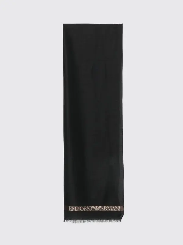 Emporio Armani Virgin Wool Scarf With Contrasting Logo And Fringed Edges - Black