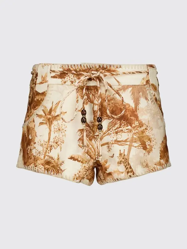 Zimmermann Indra Slim Fit Linen Shorts With Graphic Print And Belt - Brown