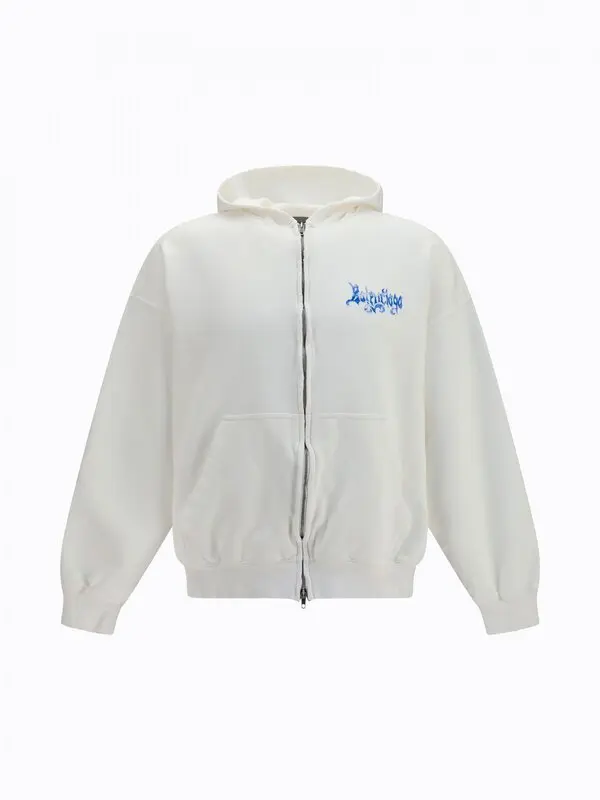 Balenciaga Cotton Zip-up Hoodie With Kangaroo Pocket And Dropped Shoulders - White