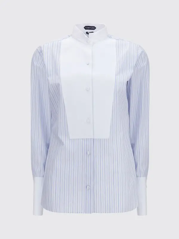 TOM FORD Striped Cotton Slim Fit Shirt With Mandarin Collar - Blue