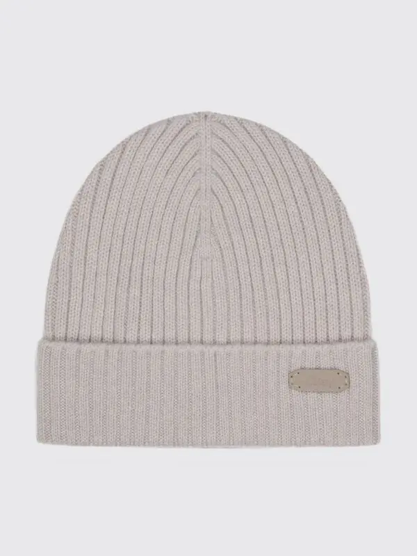 Brioni Ribbed 100% Cashmere Beanie With Cuff And Applied Logo - Beige
