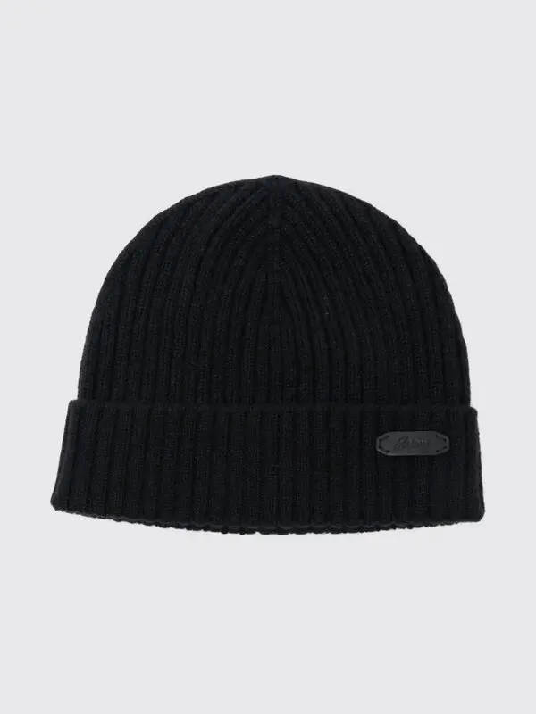 Brioni Ribbed 100% Cashmere Beanie With Cuff And Applied Logo - Navy